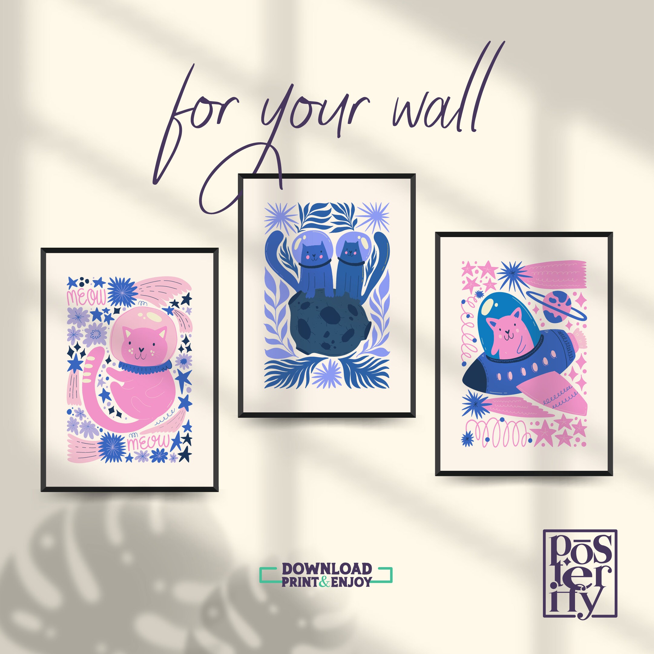 Cute Space Cat Art Print Set, Space Adventure Cats Wall Art, Cosmic ...