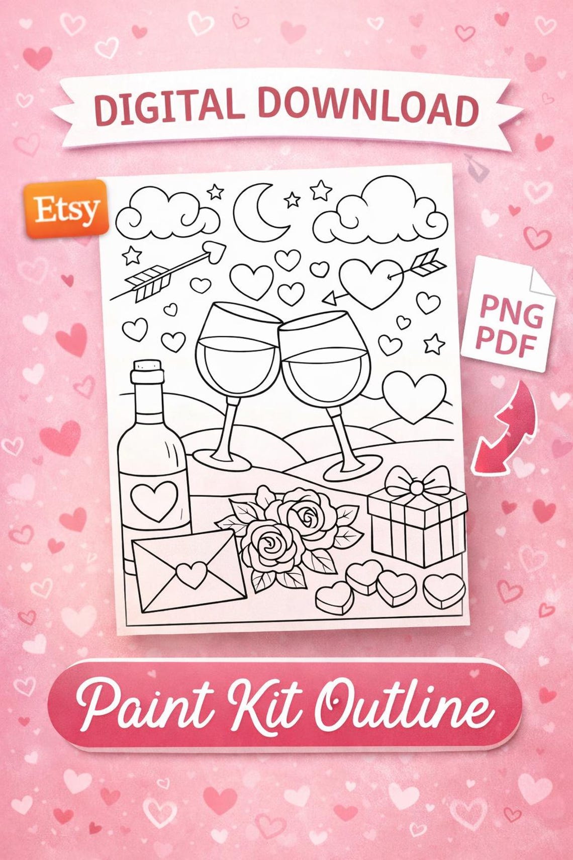 Valentine Paint Kit Outline, Digital Download Paint & Sip Kit, Coquette ...