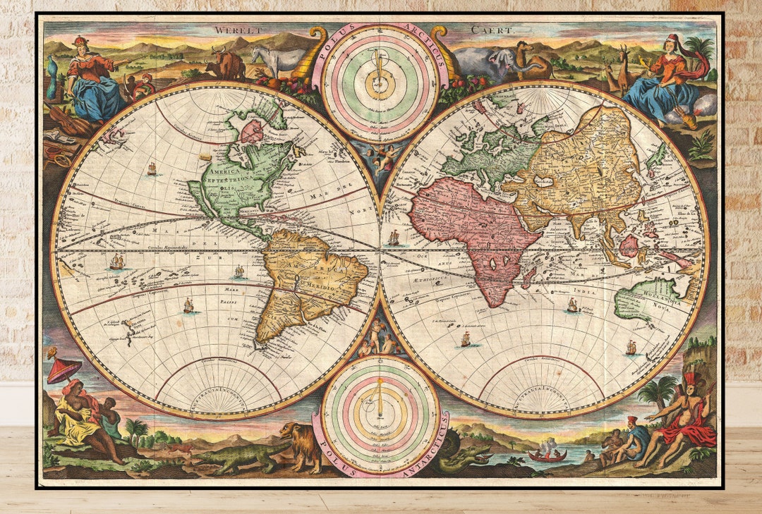 Antique 1680 World Map Print by Werelt Caert Home or Office Decor ...