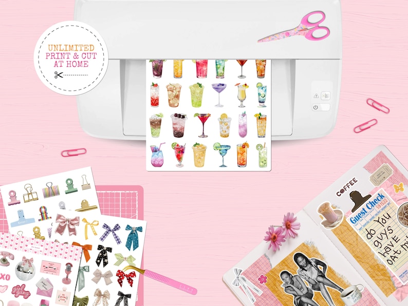 Watercolor Cocktails A5 Printable Sticker Sheet | Aesthetic Tropical ...