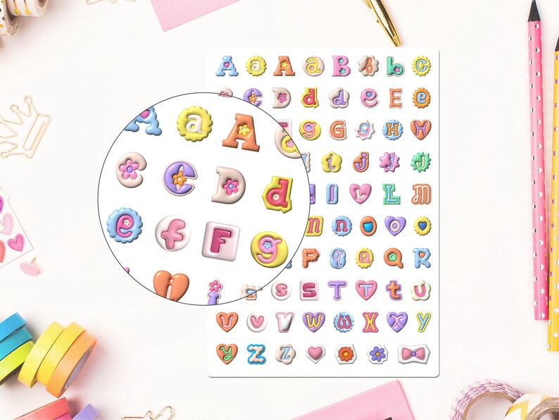3D Inflated Pastel Alphabet A5 Printable Sticker Sheet | Puffy Bubble ...
