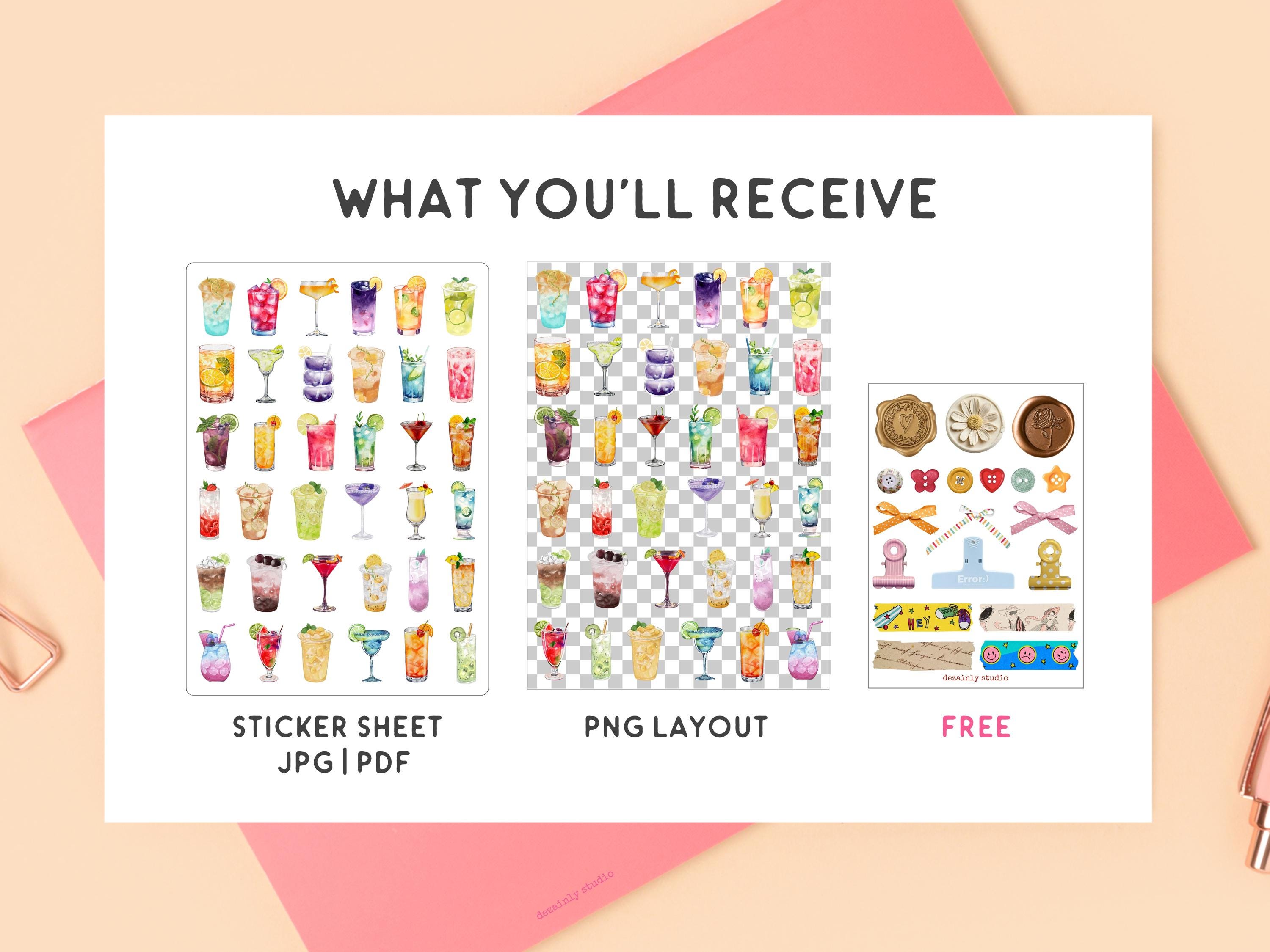 Watercolor Cocktails A5 Printable Sticker Sheet | Aesthetic Tropical ...