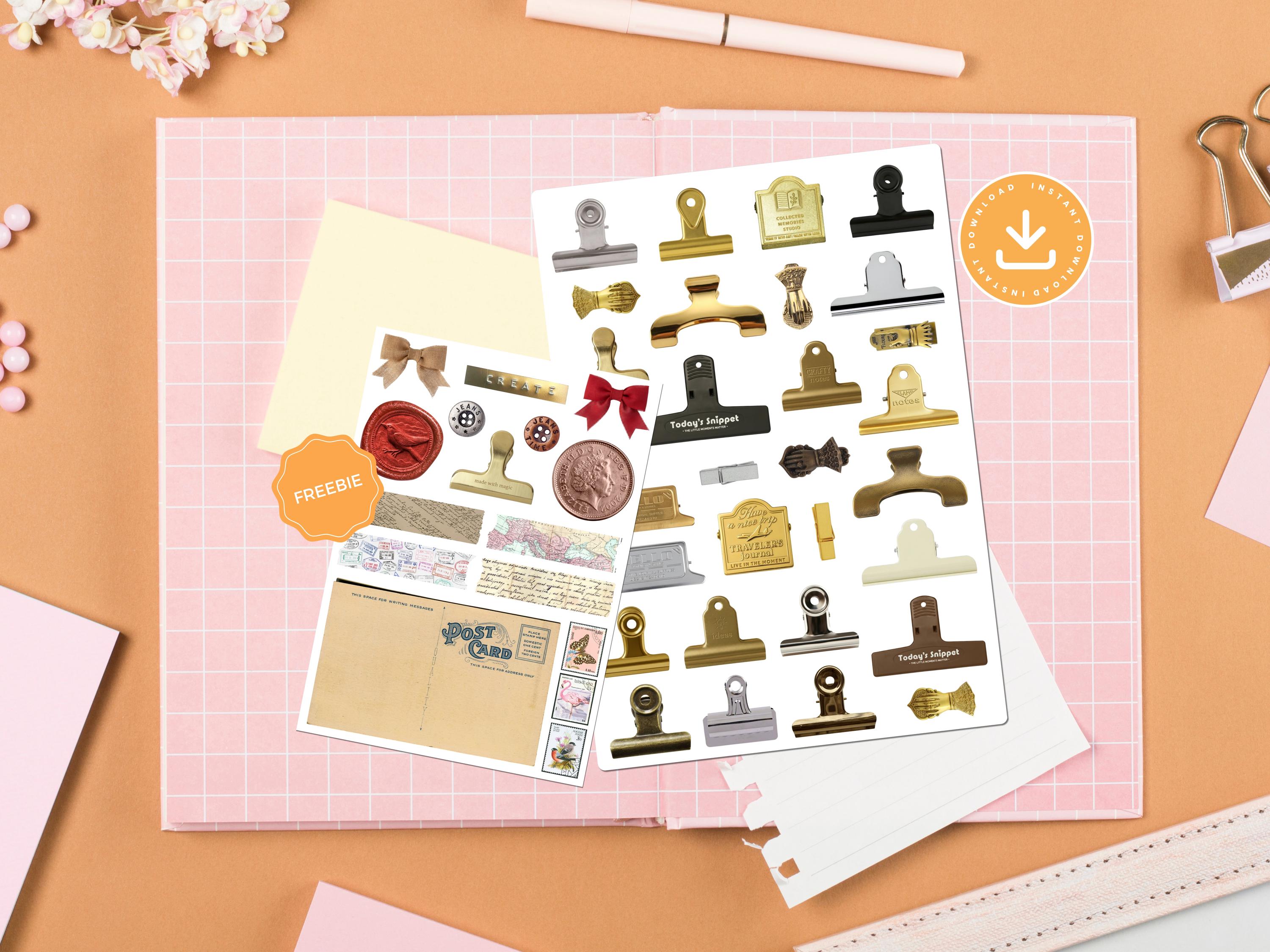 Vintage Binder Clips Printable Sticker Sheet | Silver & Brass Paper ...
