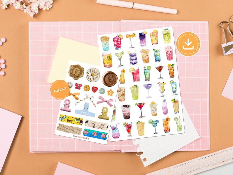 Watercolor Cocktails A5 Printable Sticker Sheet | Aesthetic Tropical ...
