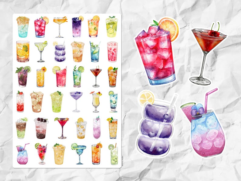 Watercolor Cocktails A5 Printable Sticker Sheet | Aesthetic Tropical ...
