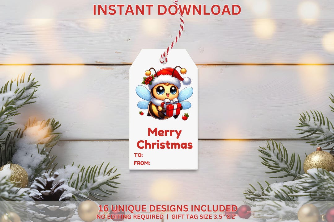 Christmas Bee Gift Tags: Printable Holiday DIY Tags (digital Download ...
