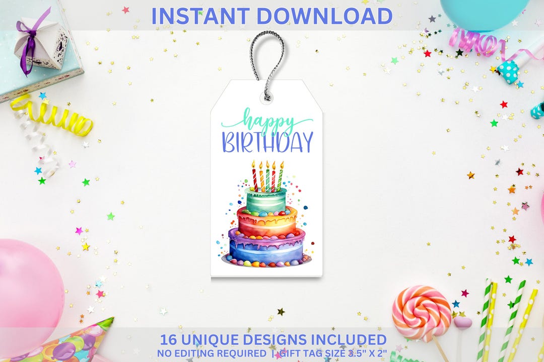 Colorful Birthday Gift Tags: Set of 16 Printable Designs (digital ...