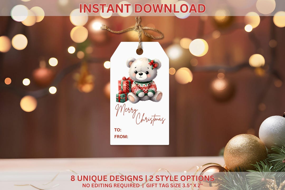 Christmas Teddy Bear Gift Tags | Set of 8 Printable Tags With Grey ...