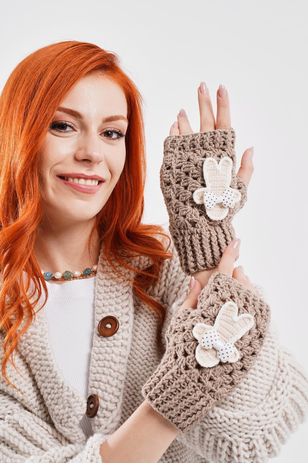 White Gingerbread Fingerless Gloves, Handknitted Gingerbread Mittens ...