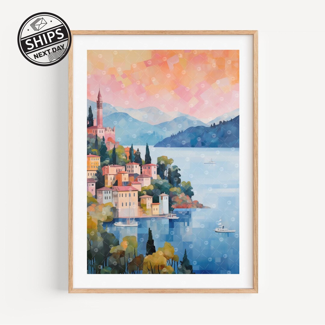 Lake Como Art Print, Colorful Italian Landscape Wall Art, Modern ...