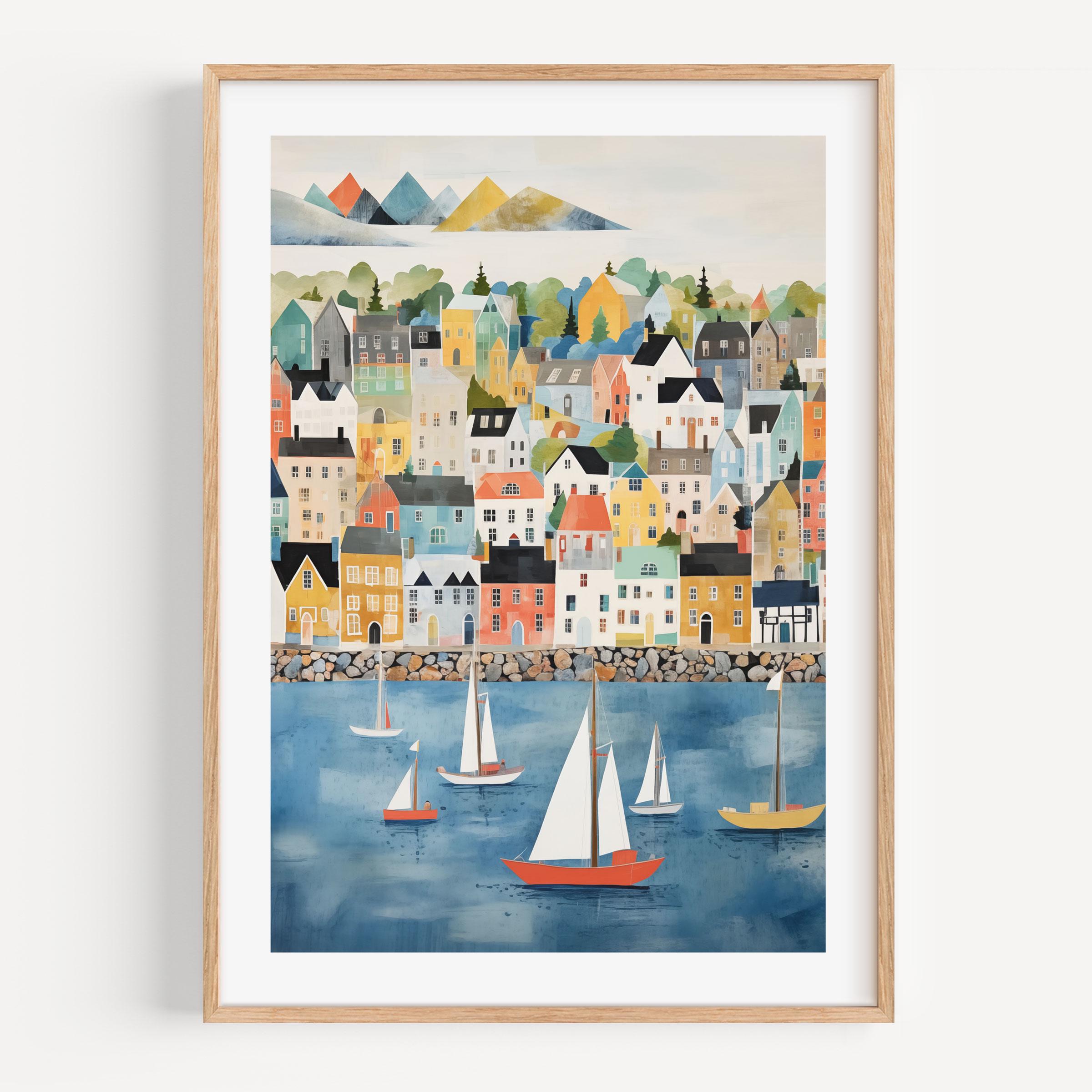 Bar Harbor Coastal Town Framed Art Print – Colorful Sailboat Harbor ...