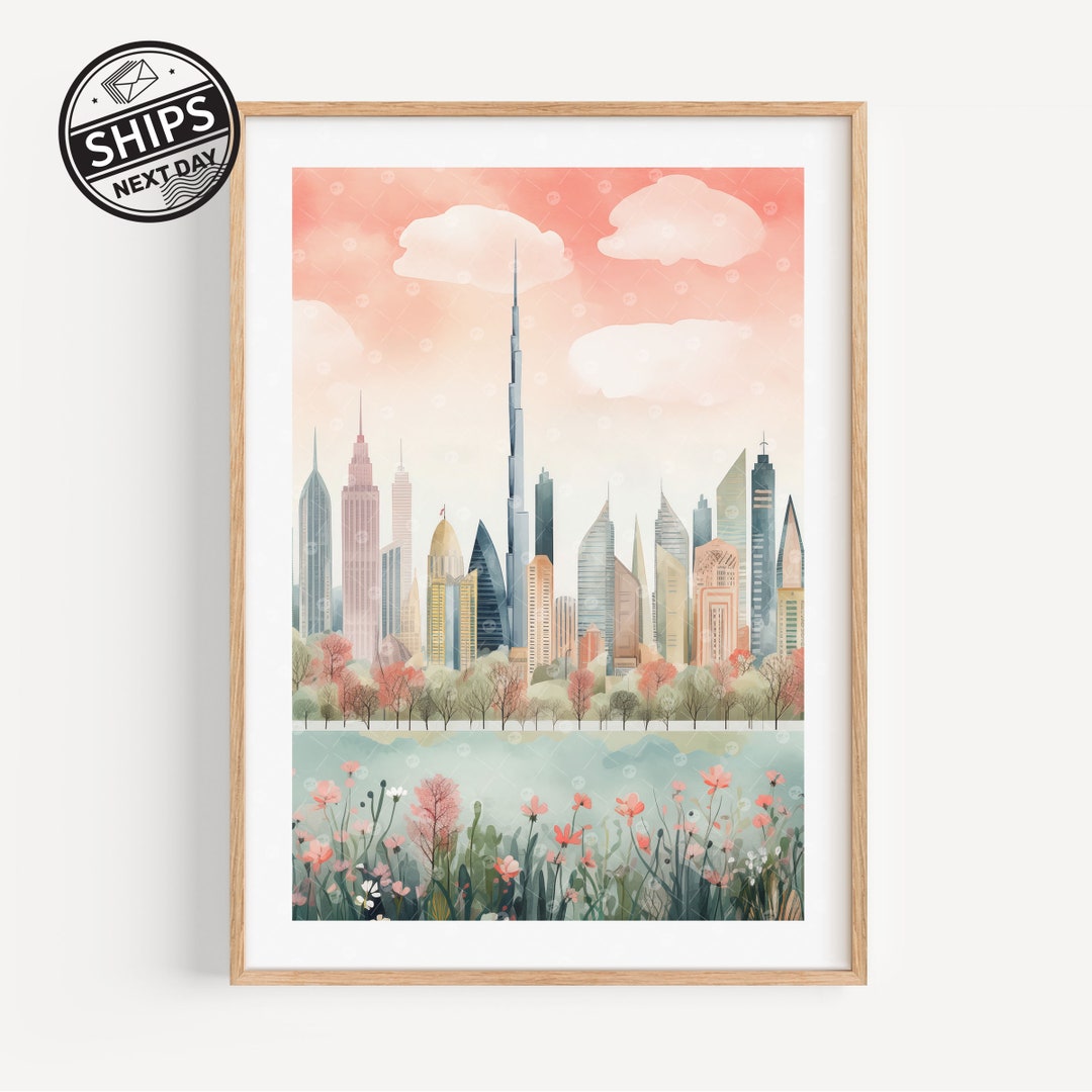 Dubai Skyline Watercolor Art Print, Modern Travel Gift - Etsy