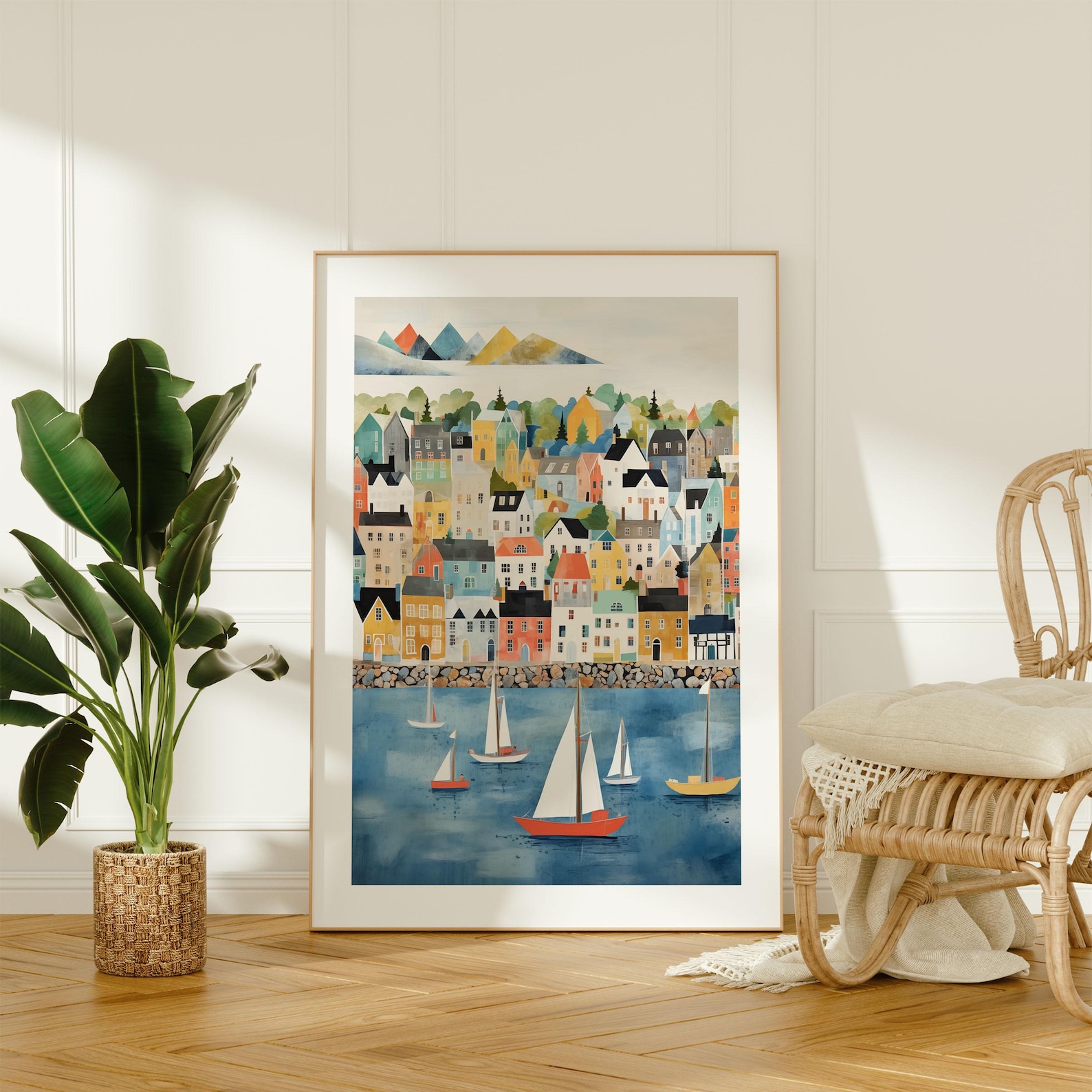 Bar Harbor Coastal Town Framed Art Print – Colorful Sailboat Harbor ...
