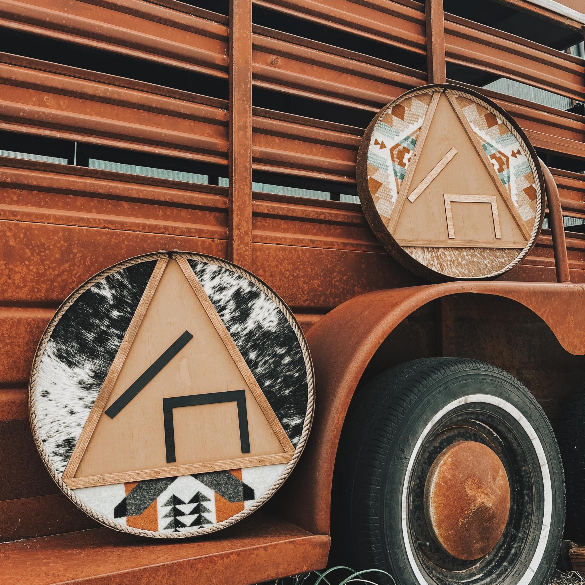 Western Branded Round Sign // Pendleton Wool // Cowhide Brand // Custom ...