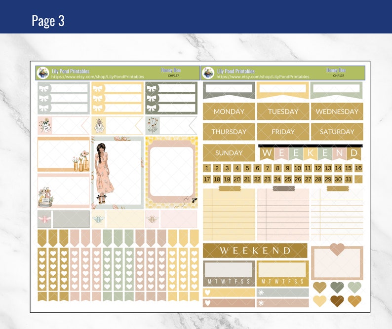 HONEY BEE, Printable Weekly Sticker Kit, Happy Planner Classic Stickers ...