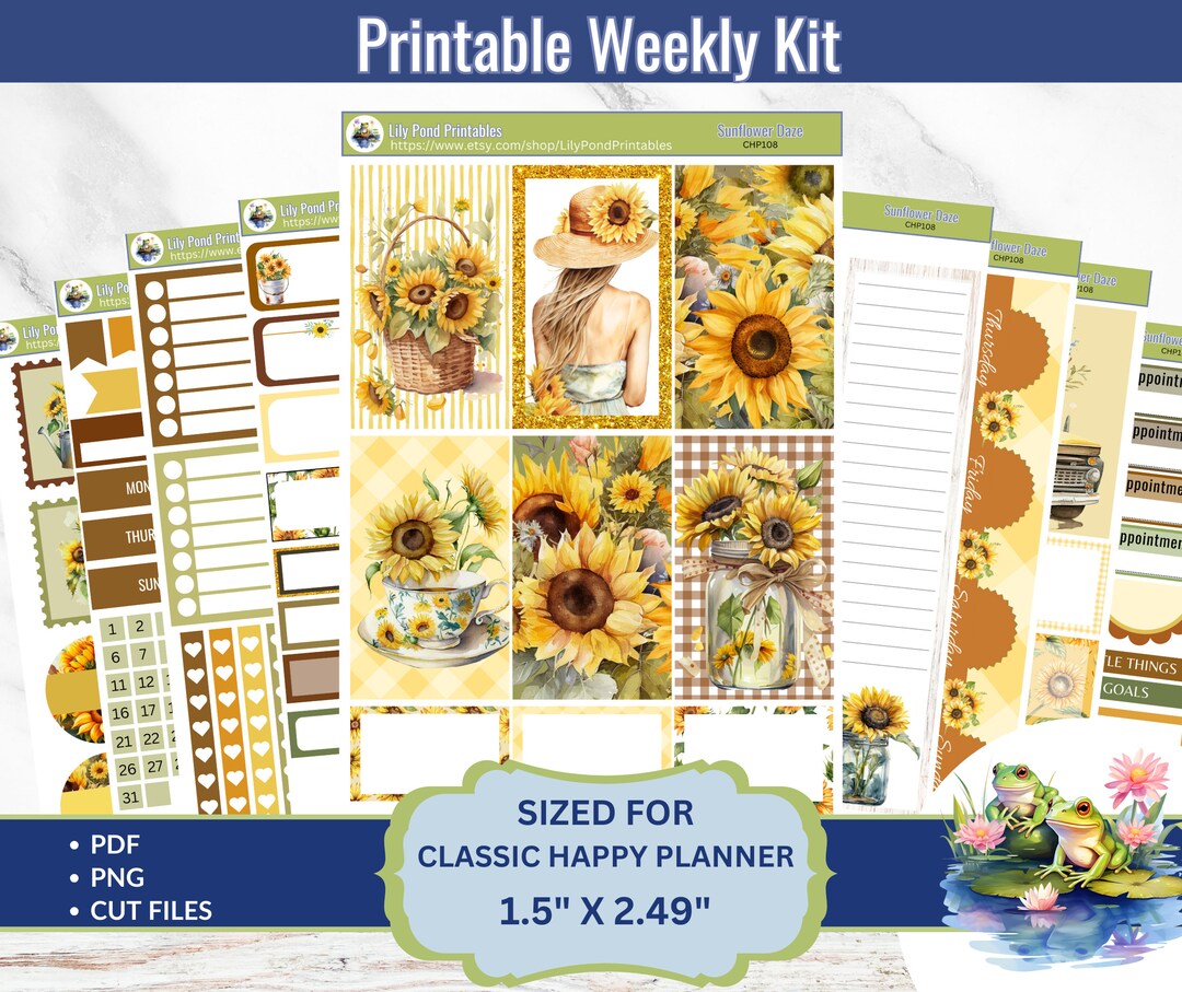 SUNFLOWER DAZE Printable Stickers, Weekly Sticker Kit, Happy Planner ...