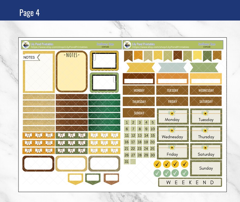 SUNFLOWER DAZE Printable Stickers, Weekly Sticker Kit, Happy Planner ...