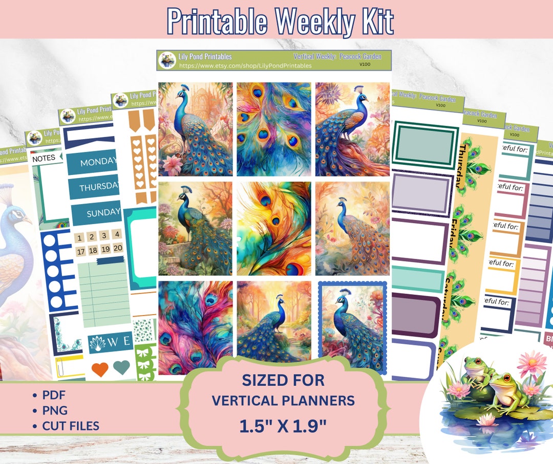 PEACOCK GARDEN Printable Planner Stickers, Weekly Sticker Kit, Vertical ...