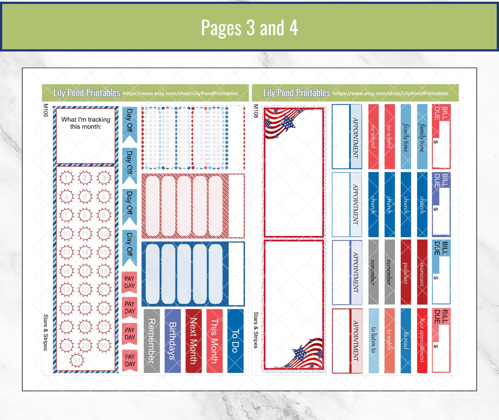 JULY STARS & STRIPES, Monthly Planner Stickers, Printable Stickers ...