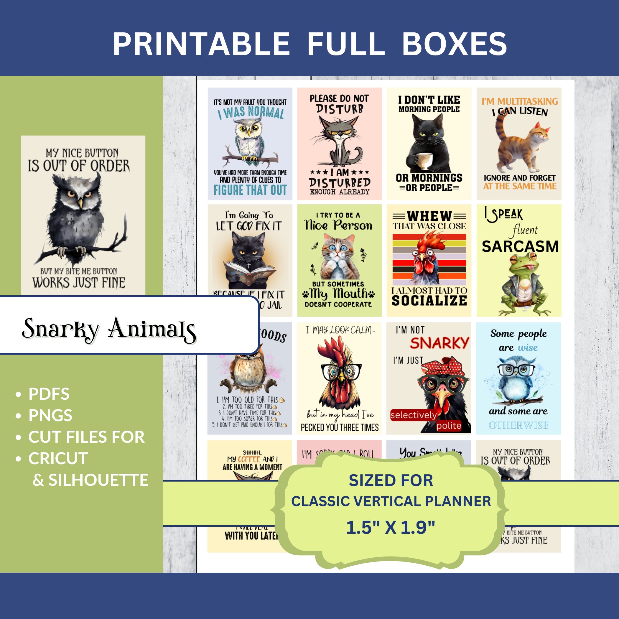 SNARKY ANIMALS Full Box Planner Stickers, Printable Stickers, Vertical ...