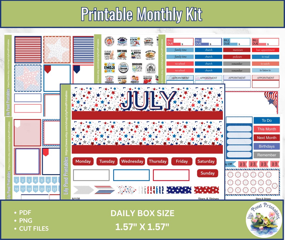 JULY STARS & STRIPES, Monthly Planner Stickers, Printable Stickers ...