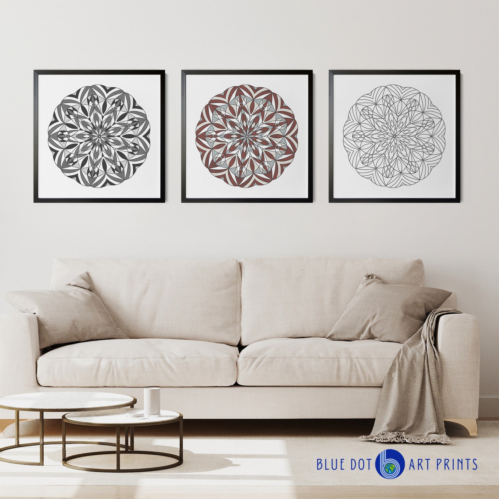 Mandala Wall Art, Mandala Wall Decor, Set of 3 Prints, Boho Living Room ...