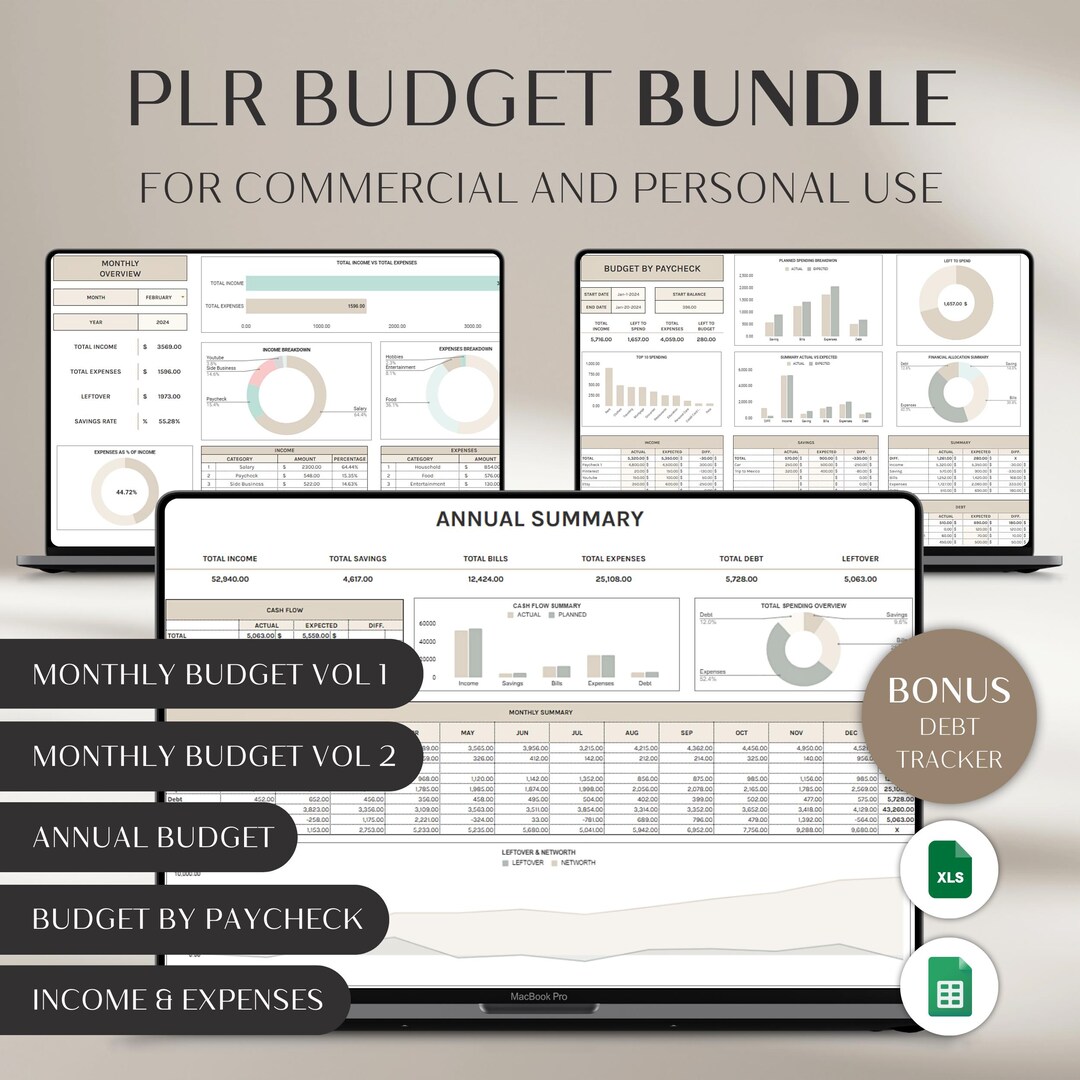PLR Digital Monthly Budget Bundle, PLR Digital Products Spreadsheet, Budget Planner Excel ...