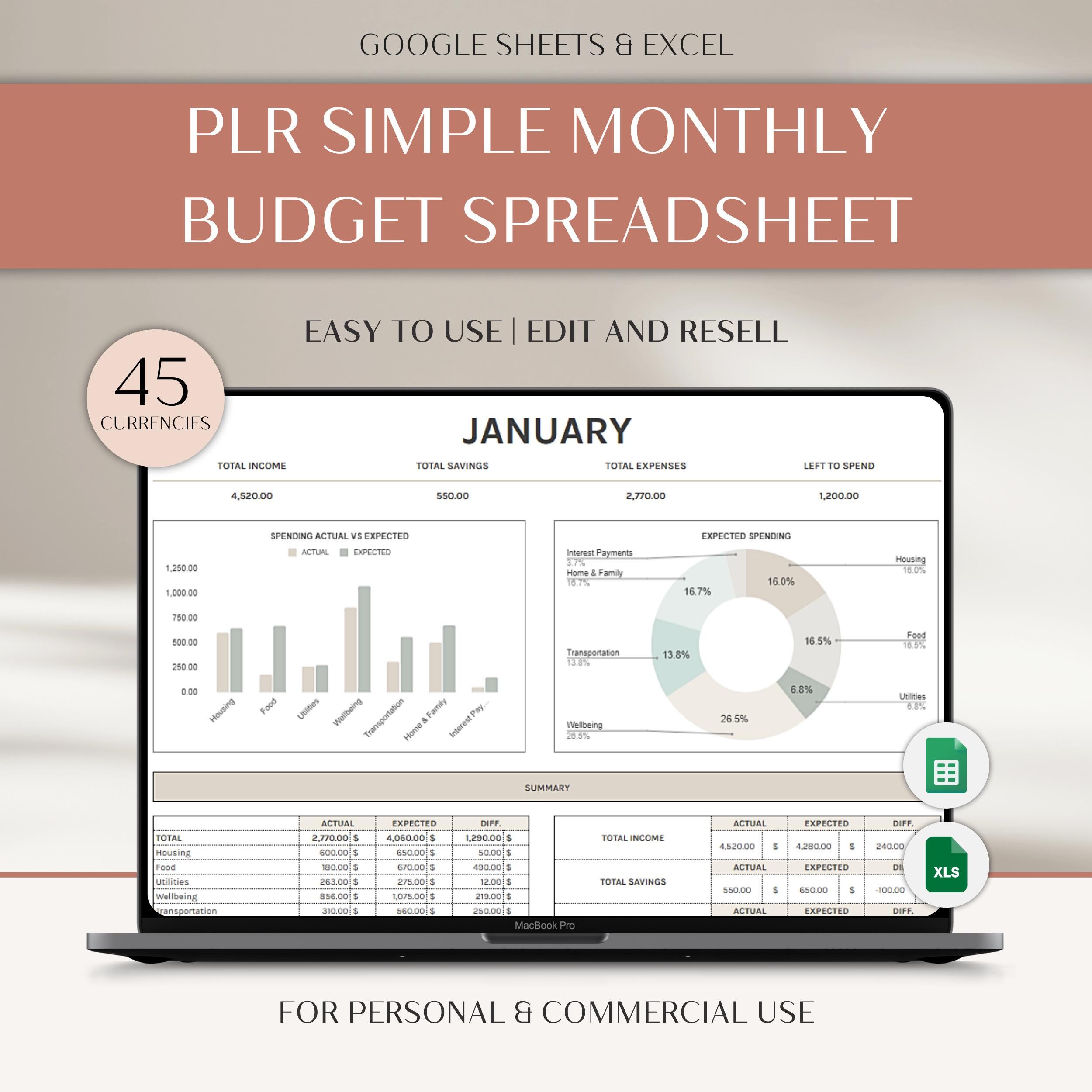 MRR Simple Monthly Budget Excel, Personal Budget Spreadsheet, Bill ...