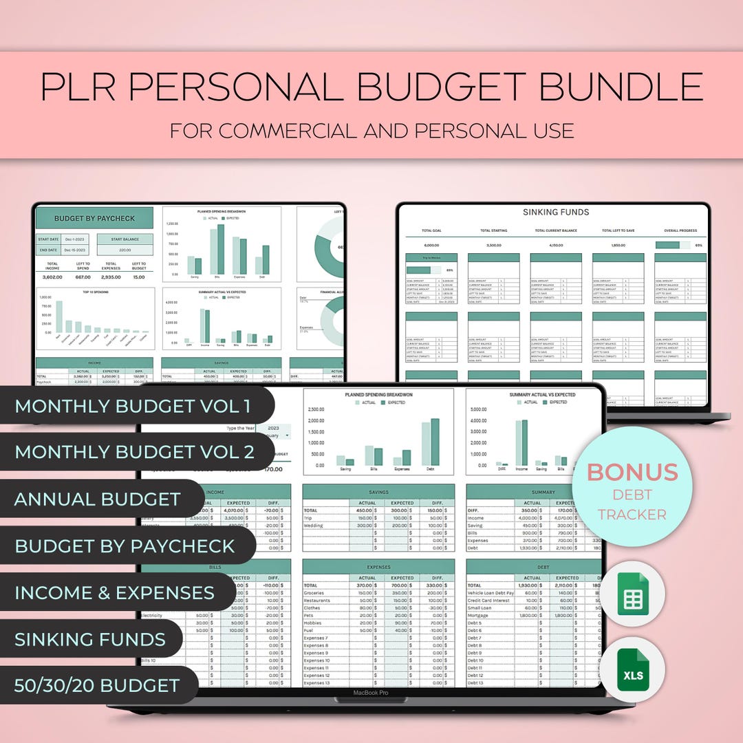 PLR Personal Budget Bundle, PLR Digital Products Spreadsheet, Annual ...