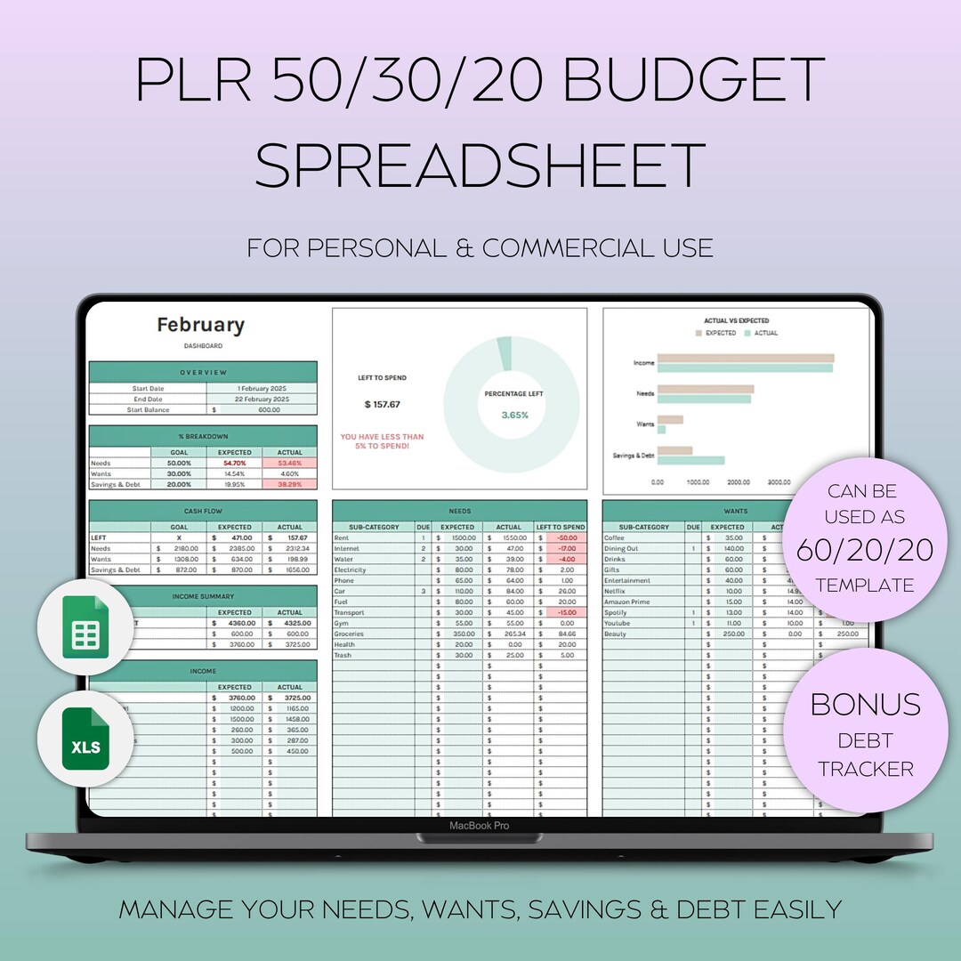 PLR 50/30/20 Budget Spreadsheet, PLR Digital Products, Budget Planner ...