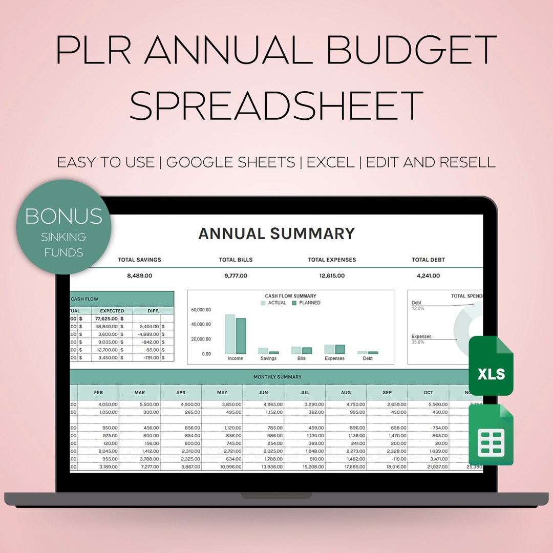 PLR Annual Budget Spreadsheet, Annual Finances, PLR Yearly Excel Budget ...