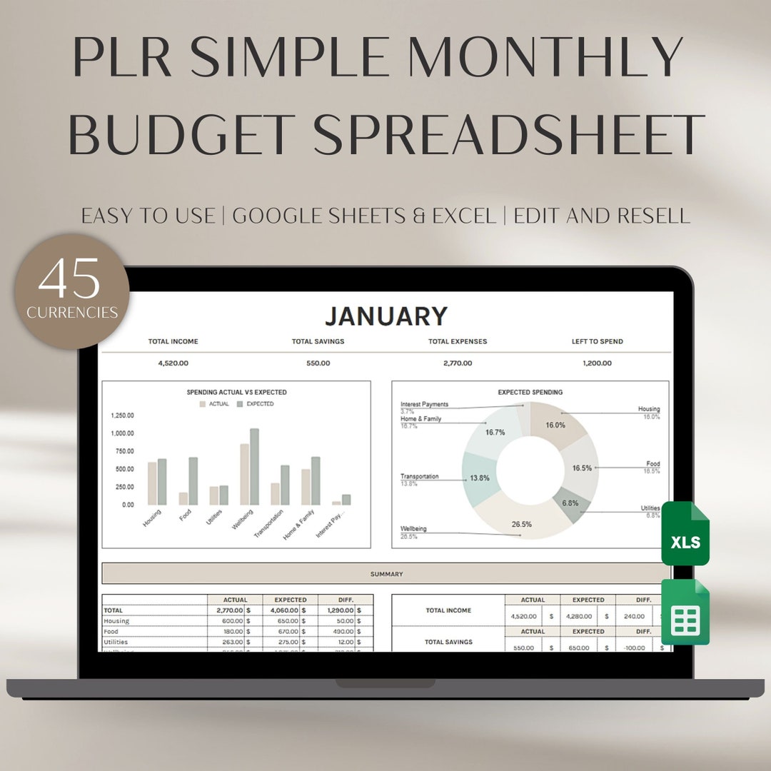 MRR Simple Monthly Budget Excel, Personal Budget Spreadsheet, Bill ...