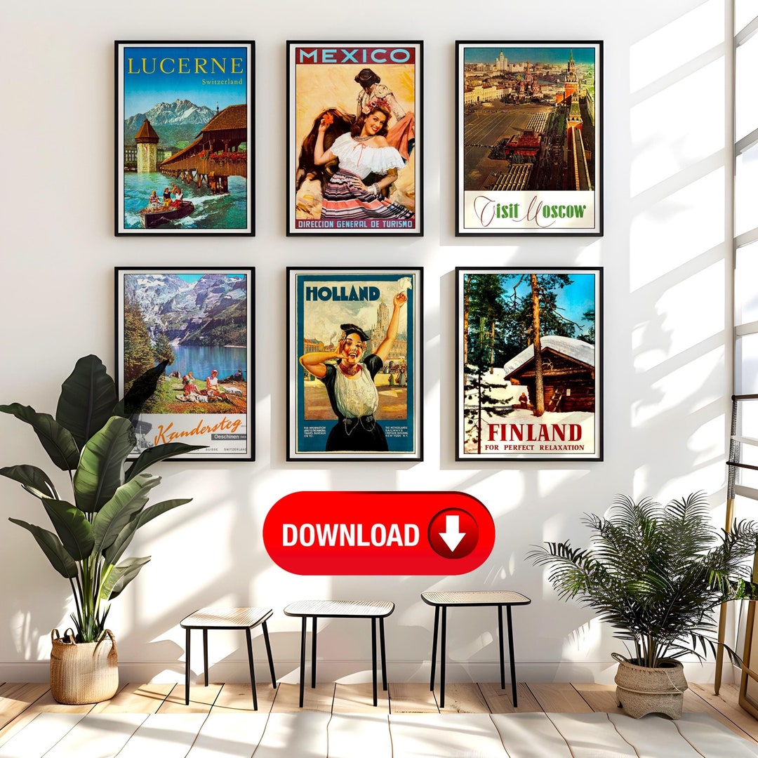 60’s Travel Posters Pack, Vintage Wall Art, Retro Artwork Illustration ...