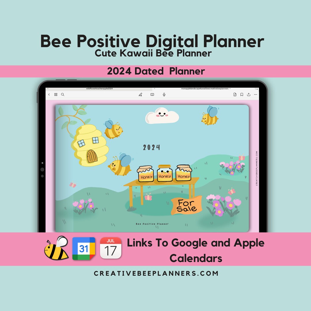 Cute Kawaii Bee Positive Digital Planner, Landscape Dated 2024, Linked ...