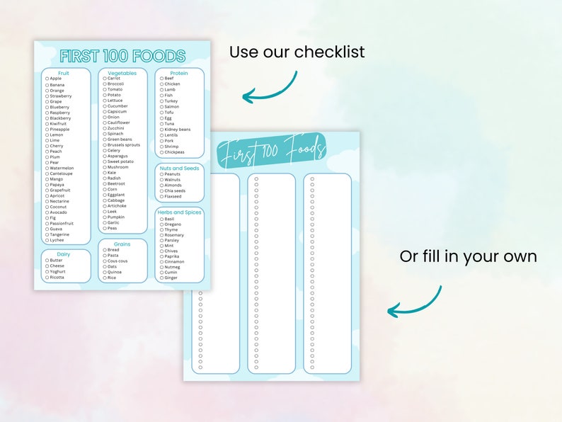 Blue Baby's First 100 Foods Checklist, 100 Before One, Baby Food ...