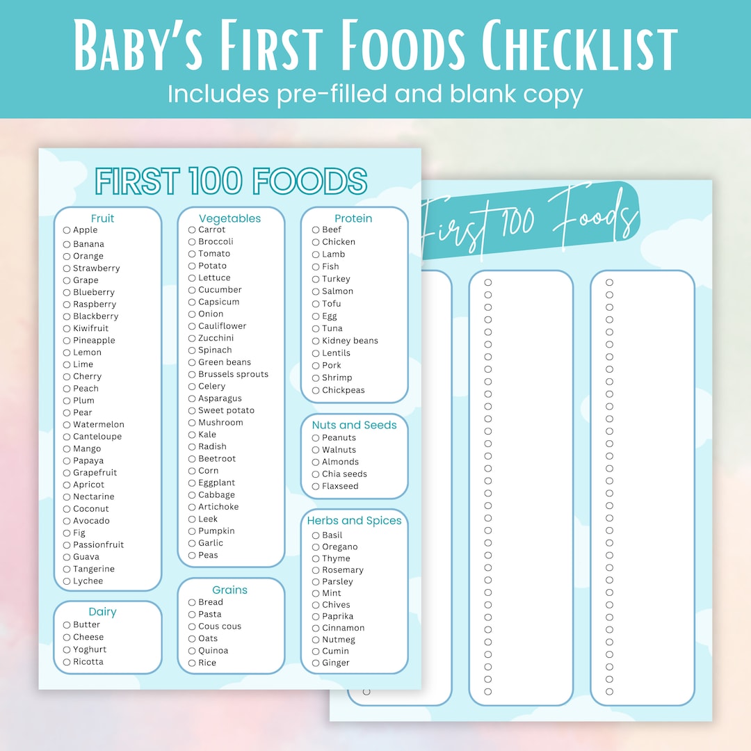 Blue Baby's First 100 Foods Checklist, 100 Before One, Baby Food ...