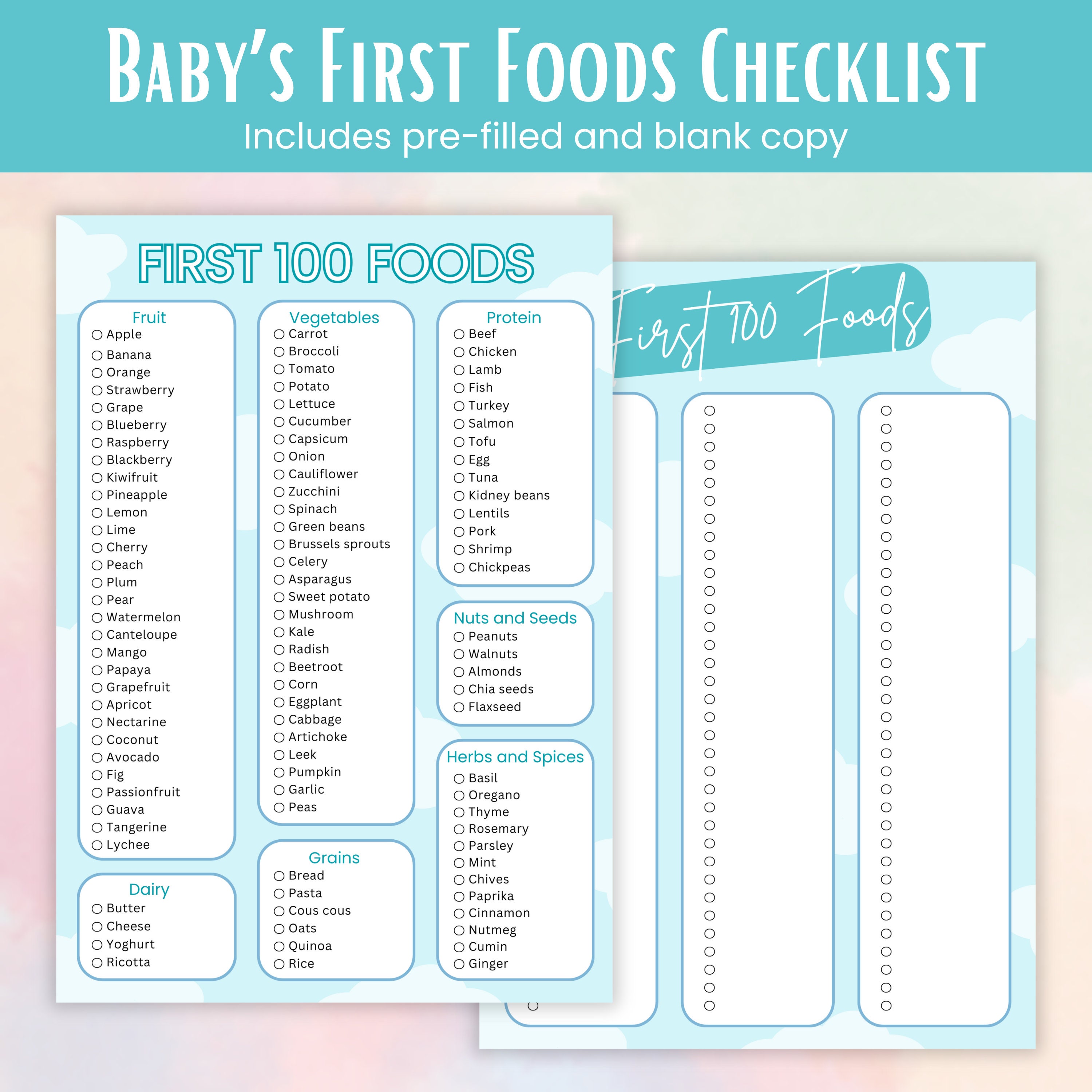 Blue Baby's First 100 Foods Checklist, 100 Before One, Baby Food ...