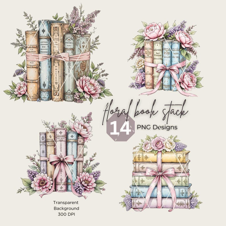 Vintage Flower Book Stack PNG, Coquette Bow Books Clipart, Bookish ...