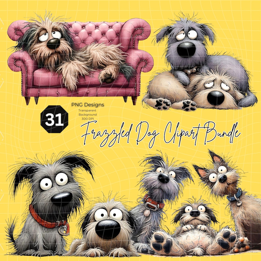 Funny Frazzled Dog Clipart Bundle: Whimsical PNG Images (digital ...