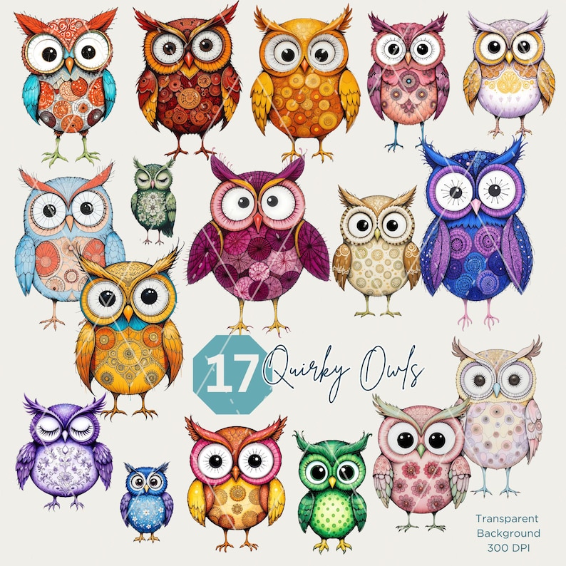 Colorful Owl Clipart Bundle: Boho Nursery Art, Night Bird Stickers ...