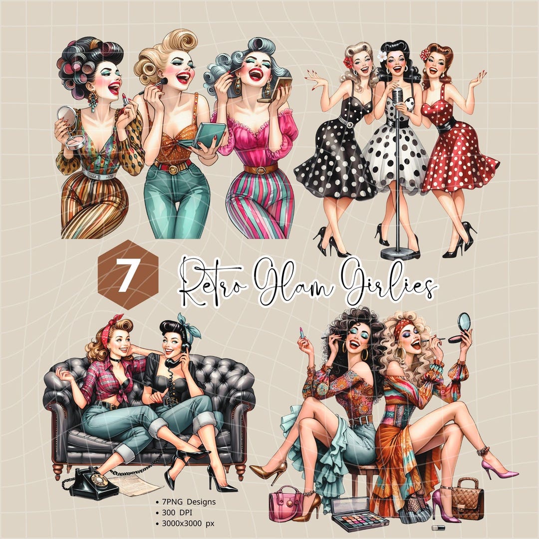 Retro Pinup Girls PNG Bundle, Vintage Printable Glam Clipart (digital ...