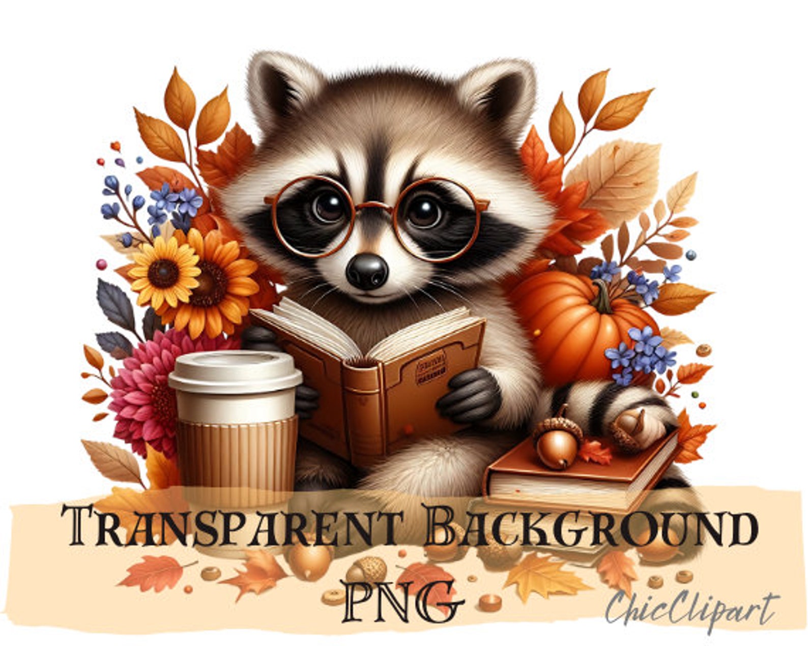 Cute Fall Raccoon PNG, Autumn Reading Raccoon Clipart, Cozy Woodland ...