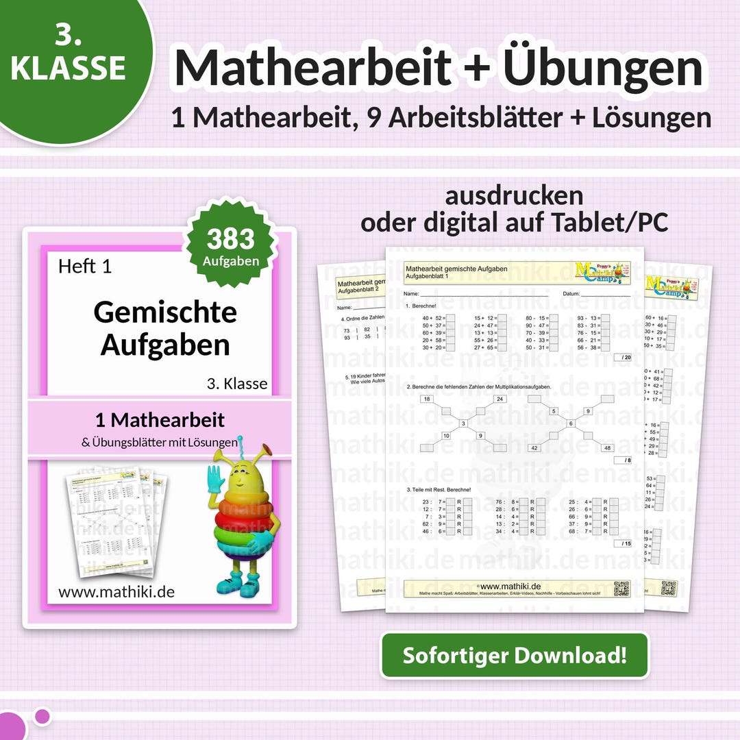 Math Test for 3rd Grade | Mixed Problems up to 1,000 | Worksheets With ...