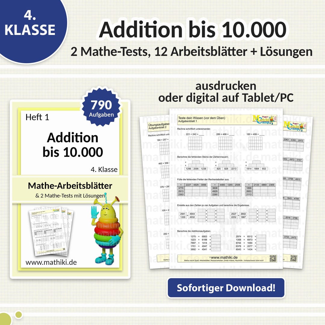 Addition up to 10,000 | Math Worksheets for Grade 4 | With Instructions ...