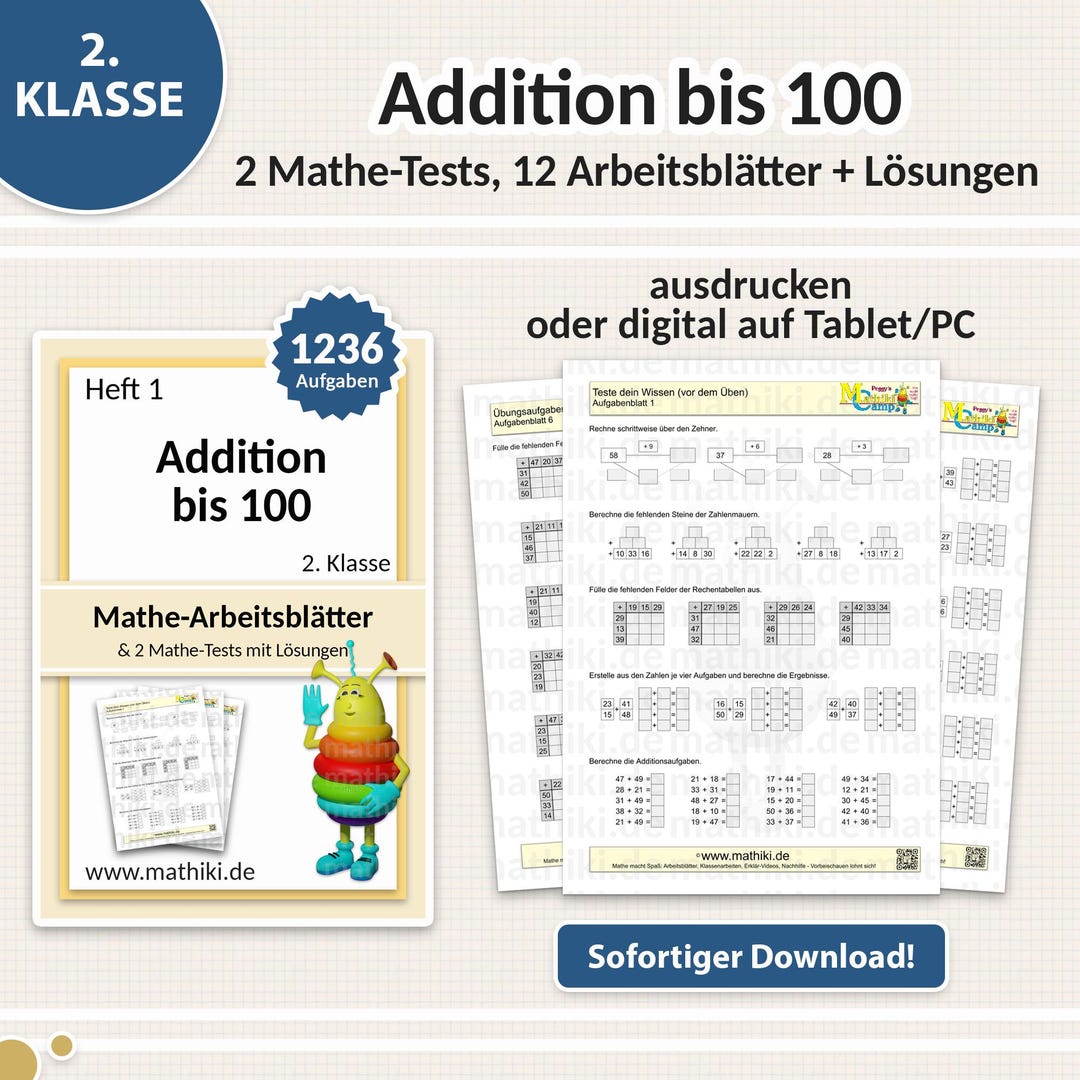 Math Worksheets for 2nd Grade | Addition up to 100 | With Instructions ...