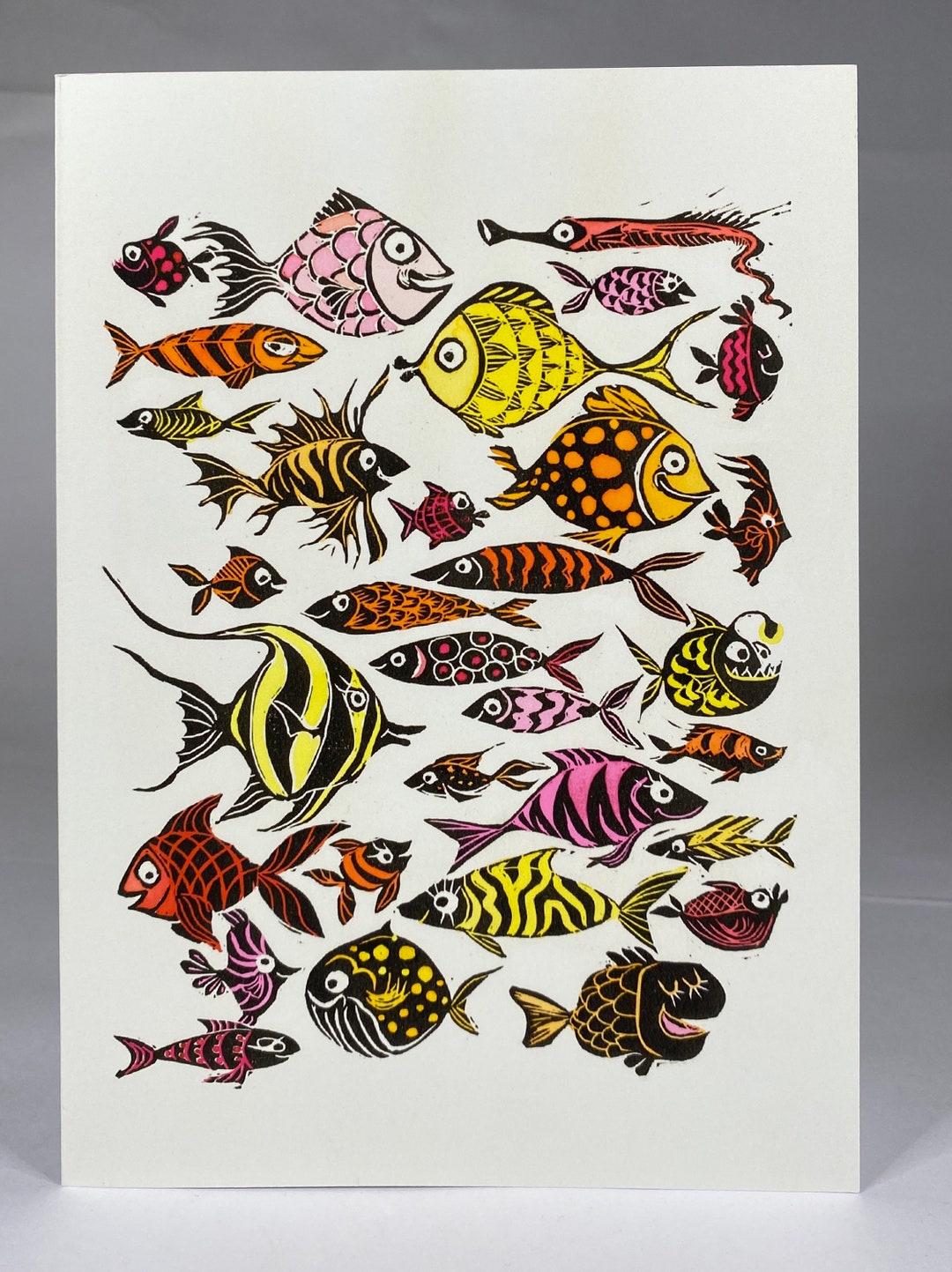 Happy Fish Linocut Print Greetings Card. - Etsy
