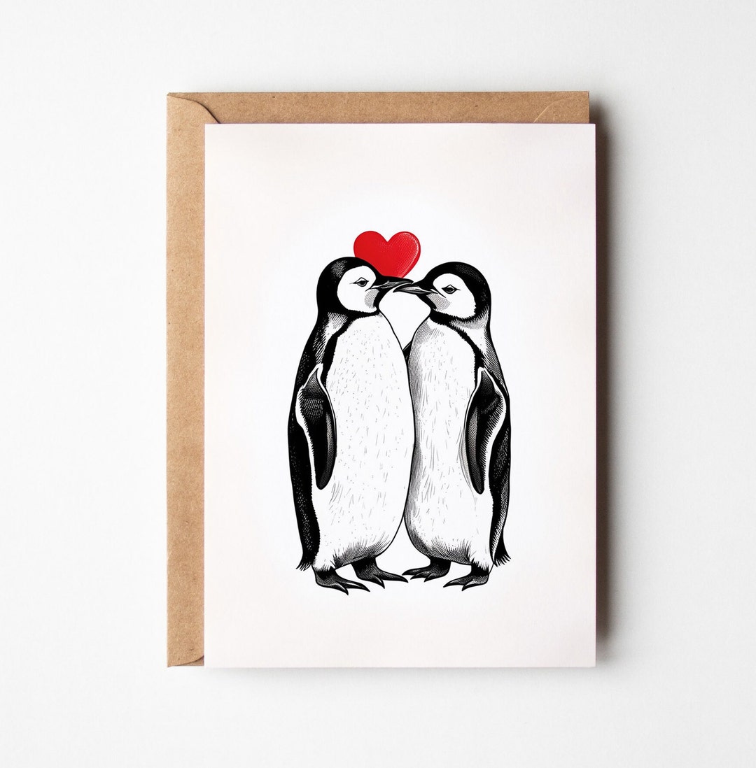 Penguins in Love Watercolor Greeting Card for Anniversary / Birthday ...