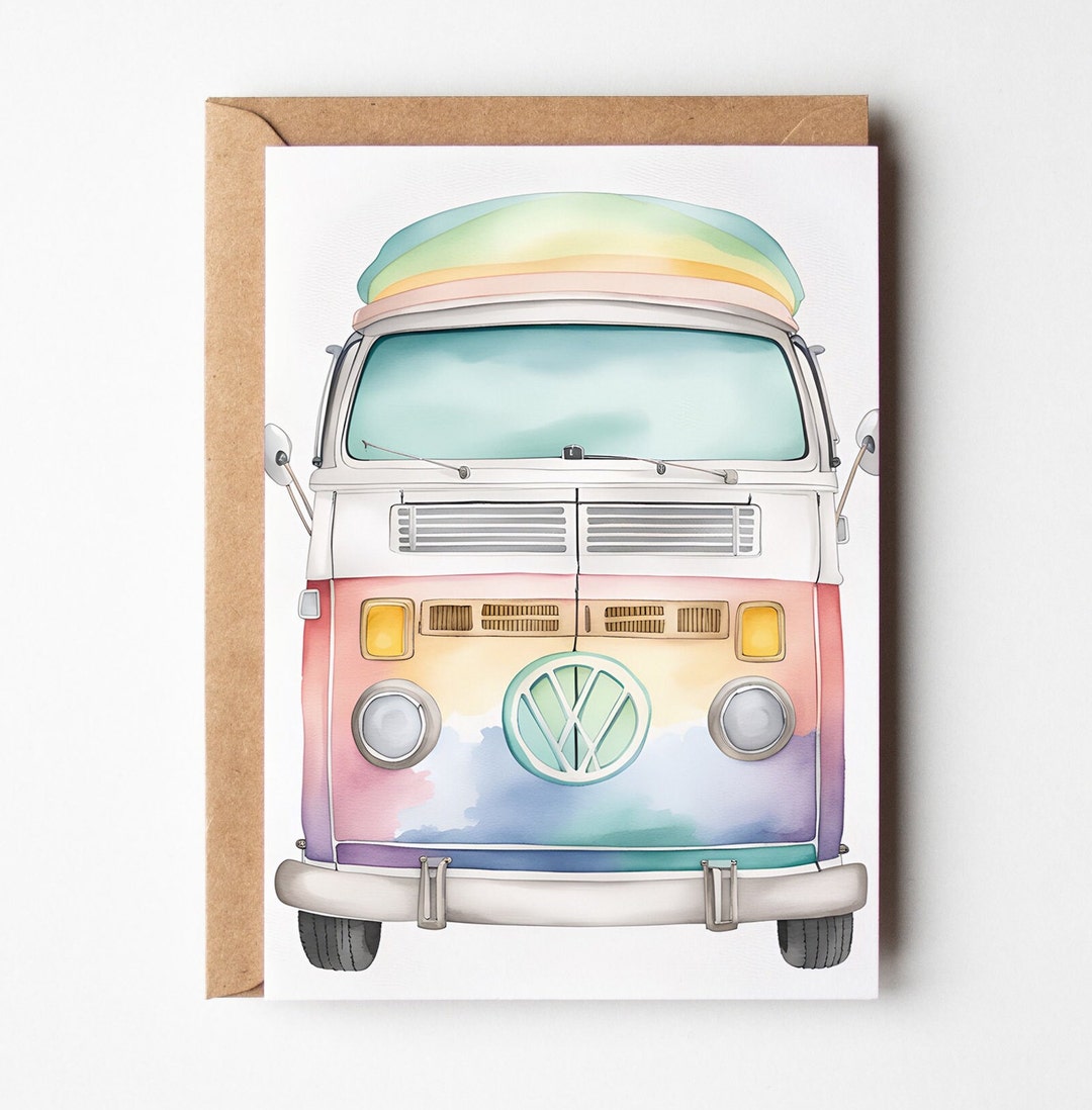 Volkswagon Van Pastel Rainbow Watercolor Greeting Card for - Etsy