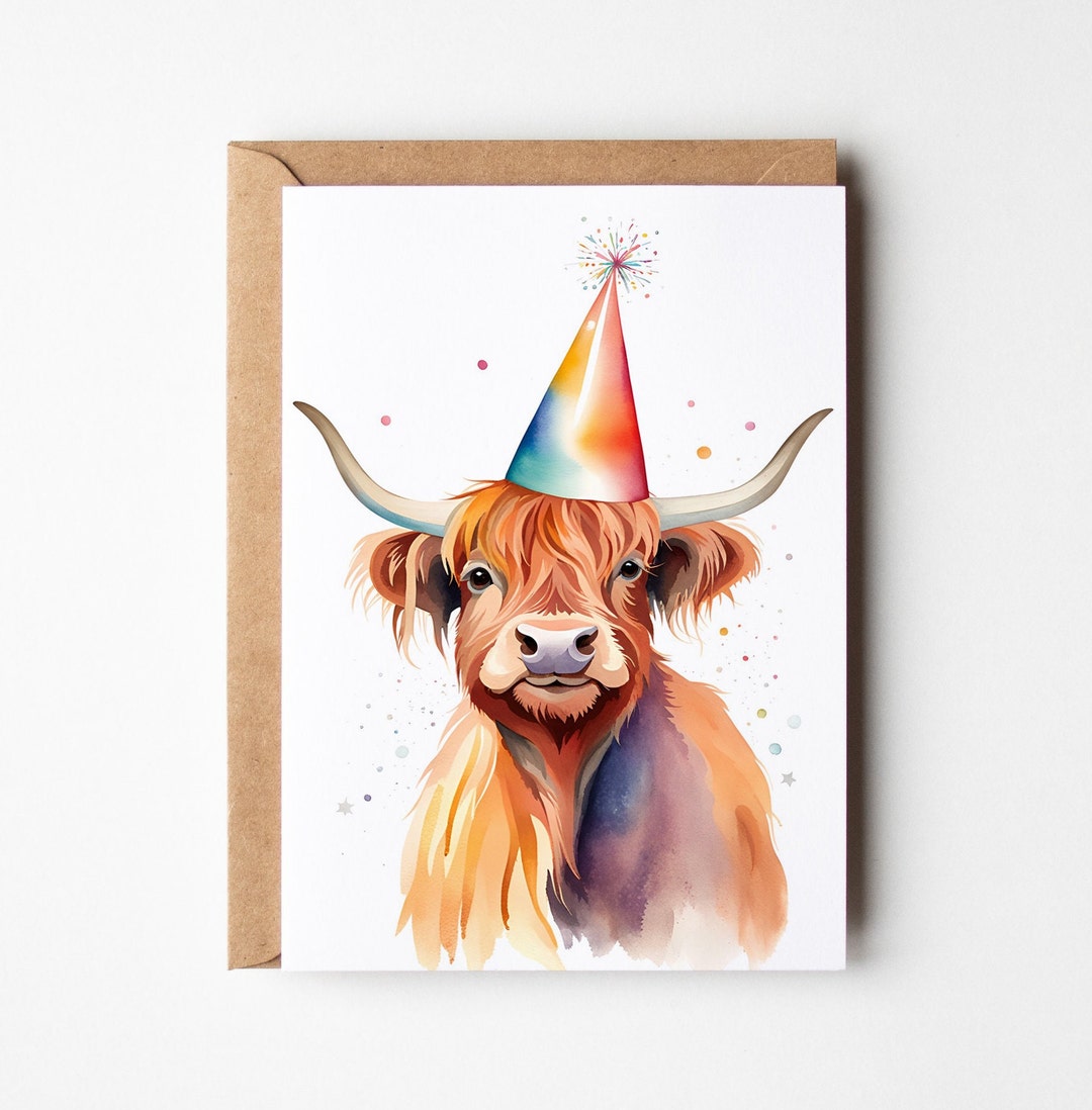 Highland Cow Birthday Funny Greeting Card for Her Him Watercolor - Etsy