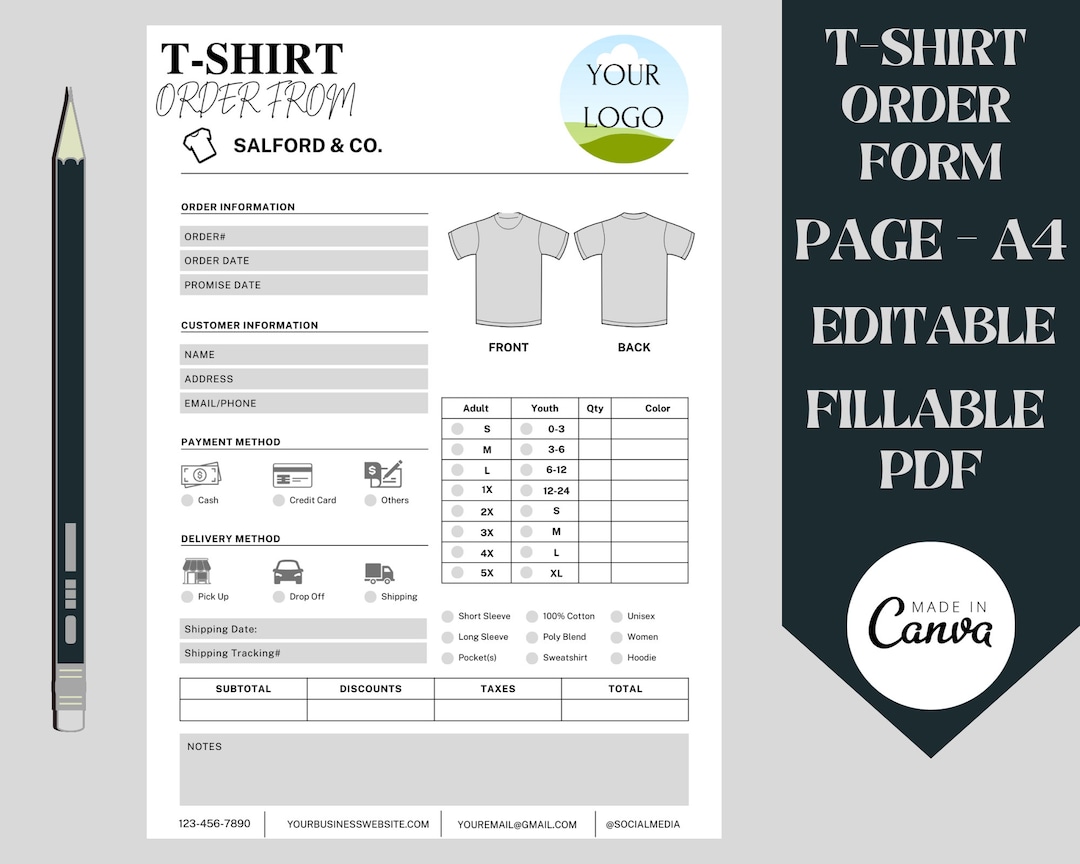 Fillable T-shirt Order Form Editable, Printable Shirt Order Form ...